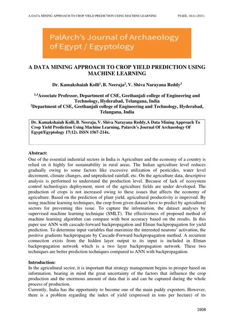 Pdf A Data Mining Approach To Crop Yield Prediction Using Machine Learning Pjaee 184 2021