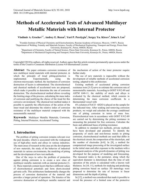 Pdf Methods Of Accelerated Tests Of Advanced Multilayer Metallic Materials With Internal Protector
