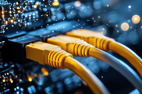 Close Up View Of Yellow Ethernet Cables Connected To A Server In A Data Center Representing