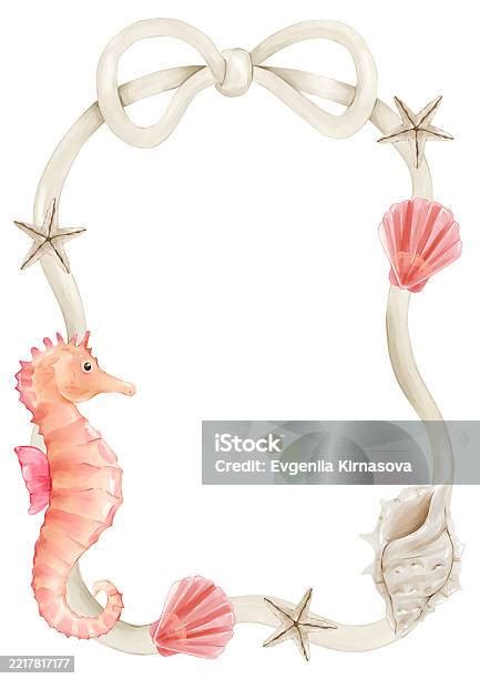 수채화 해양 프레임에 해마 분홍색 조개 불가사리 리본 베이비 샤워 초대장 인사말 카드 포장을 위한 귀여운 여름 테두리 가리비에 대한 스톡 벡터 아트 및 기타 이미지 Istock