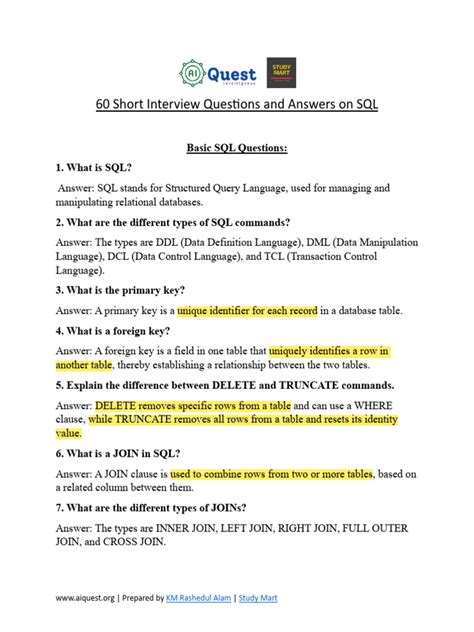 60 Sql Interview Questions And Answers Pdf Database Index Sql