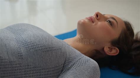 Sport Woman Female Sportswoman Doing Yoga Glute Bridge Exercise Lying