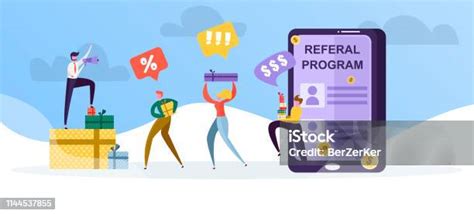 친구를 위한 사용자 선물 돈과 할인을 위한 추천 프로그램 남자는 확성기를 통해 추천 프로그램의 새로운 사용자를 호출 하 고 그래픽 사용자 인터페이스에 대한 스톡 벡터 아트