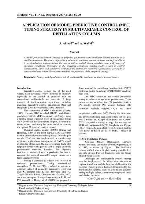 PDF Application Of Model Predictive Control MPC Tuning Strategy In Multivariable Control Of