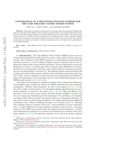 Pdf Convergence Of A Decoupled Splitting Scheme For The Cahn Hilliard Navier Stokes System