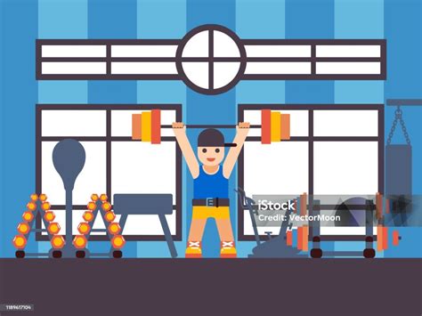 체육관에서 스트롱맨 리프팅 바벨 벡터 일러스트레이션 심플한 플랫 스타일 장면 무거운 무게 운동 피트니스 스튜디오 체육관 장비 인테리어에서 만화 캐릭터 트레이닝 가정의 방에