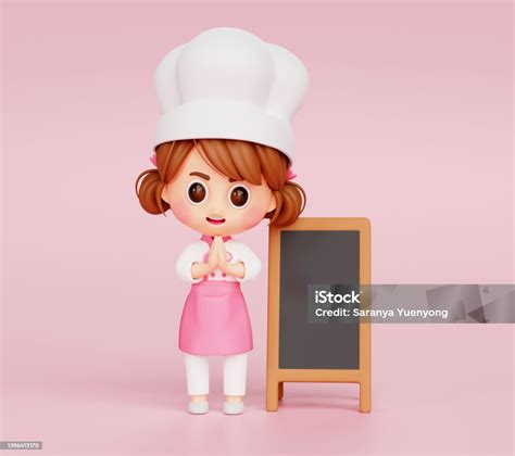유니폼 인사 제스처 친화적 인 인사말에 귀여운 요리사 소녀 빈 칠판 또는 상점 메뉴로 서있는 지불 핑크 배경에 레스토랑 마스코트 캐릭터 로고에 오신 것을 환영합니다 3d