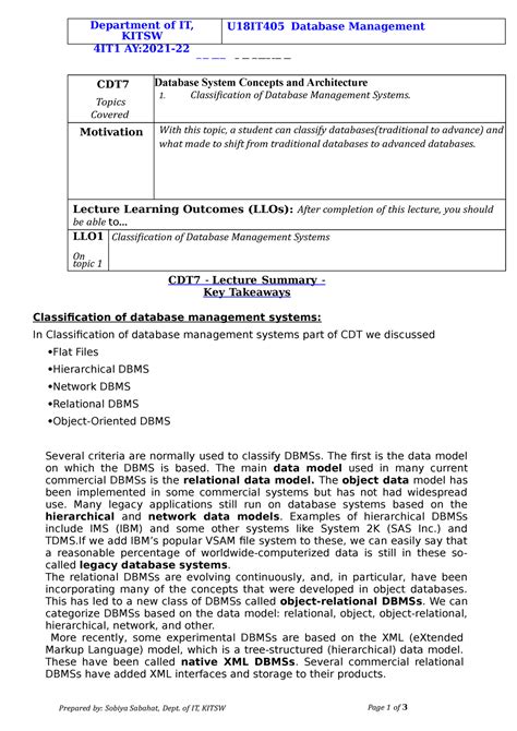 Cdt7 Summary 4it1 Dbms 2021 22 Kitsw 4it1 Ay2021 Cdt7 Lecture U18it405 Database Management