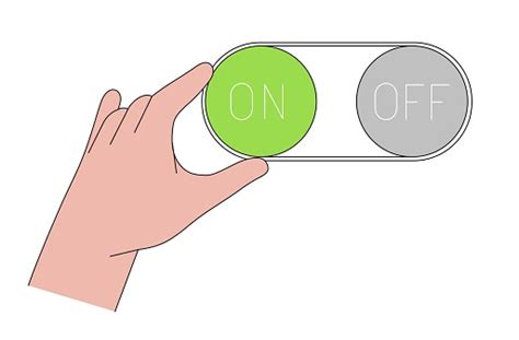 사람의 손 또는 팔 스위치 켜기 및 끄기 장치 앱 또는 웹 사이트에서 글자가 있는 버튼을 전환합니다 사용자가 사용자 인터페이스와 상호 작용하거나 테스트합니다 흰색 배경 벡터