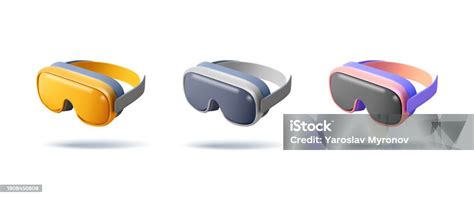 다채로운 3d 증강 현실 안경 세트 현대 전기 헤드셋 가상 현실 장치 컴퓨터 게임 과학 기술 의학 및 교육의 디자인 컨셉을 위해 벡터 3차원 형태에 대한 스톡 벡터 아트 및