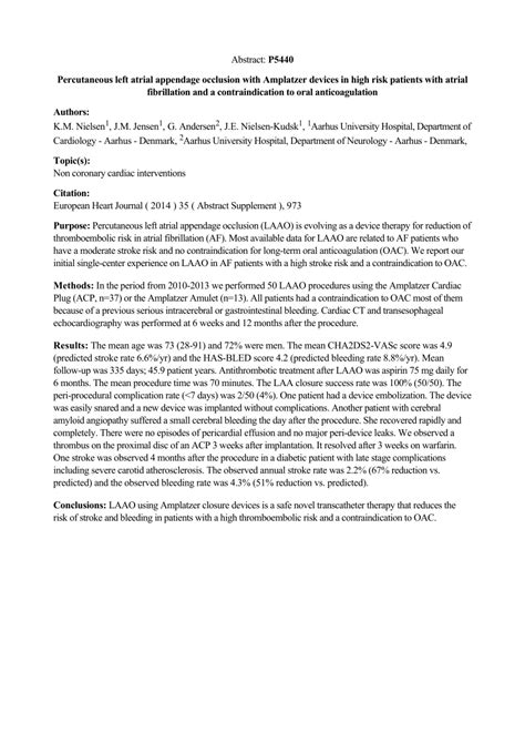 Pdf Percutaneous Left Atrial Appendage Occlusion With Amplatzer Devices In High Risk Patients