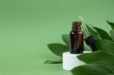 호박색 유리 화장품 병 녹색 배경에 콘크리트 연단 천연 유기농 미용 제품 컨셉 스파 스킨 케어 바디 케어 강단에 대한 스톡 사진