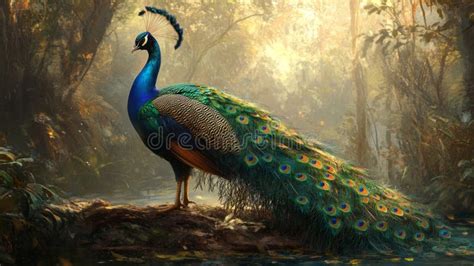 Majestic Peacock In Lush Jungle Setting Stock Illustration