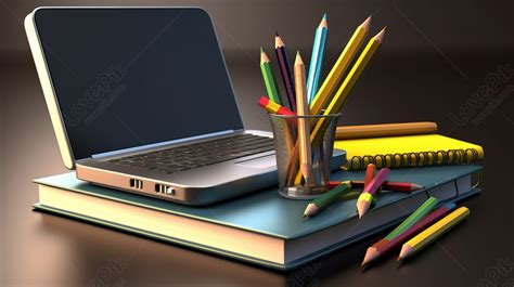학교 수업을 위한 온라인 학습 개념을 묘사하는 컴퓨터 노트북과 연필의 3d 그림 학교 배경 학교 수업 배경 노트북 컴퓨터 배경 이미지 Hd 학교 학교 수업 노트북