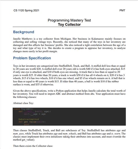 Solved Cs 1120 Spring 2021 Pmt Programming Mastery Test Toy