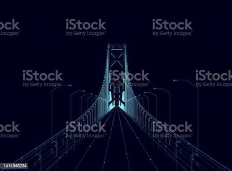 어두운 배경에 고립 된 파란색 선으로 만든 등불이있는 다리의 윤곽선 정면보기 벡터 일러스트레이션 교량에 대한 스톡 벡터 아트 및