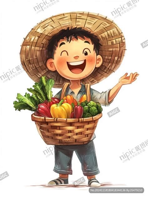 Ai创作图抱着农产品的人物 卡通农民小哥 开心小农夫头像 捧果篮的男孩 Q版卡通农民 卡通小农夫 Q版农民形象 丰收季节人物 卡通卖水果的小男孩 卡通小农民 卡通农夫卡通小伙 挑箩筐插画 卖菜