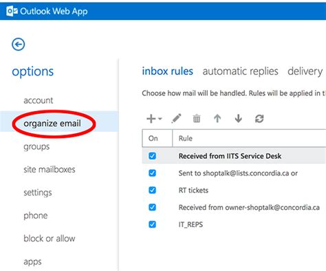 owa inbox rules concordia university