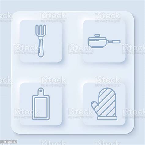 세트 라인 포크 프라이팬 도마 및 오븐 장갑 흰색 사각형 버튼 벡터 단일 객체에 대한 스톡 벡터 아트 및 기타 이미지 단일 객체 등고선 디자인 Istock