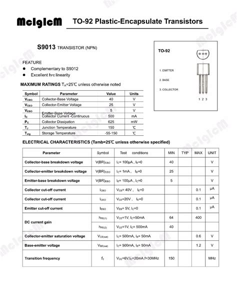C9013 Transistor Datasheet: Specifications, Pinout, and Application ...
