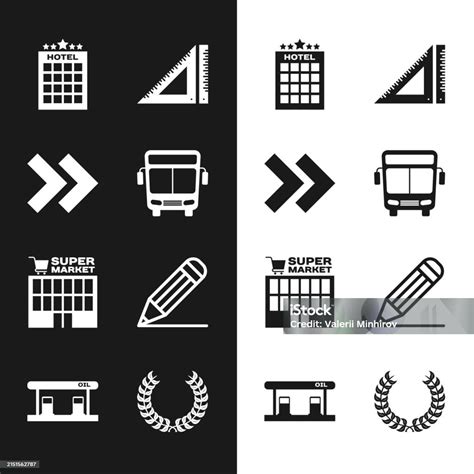 Set Bus Arrow Hotel Building Triangular Ruler Supermarket Pencil And Line Laurel Wreath And Gas