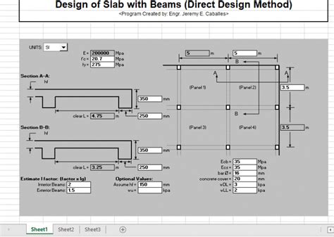 Design Of Slab With Beams Direct Design Method Excel Sheets