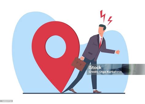 사업가 관리자 또는 직원이 장소 사무실 업무 직업 의존에 묶여 있습니다 거대한 빨간 지도 핀 남성 일 중독자 캐릭터 열심히 일하는 사람 만화 플랫 스타일 격리 벡터 개념