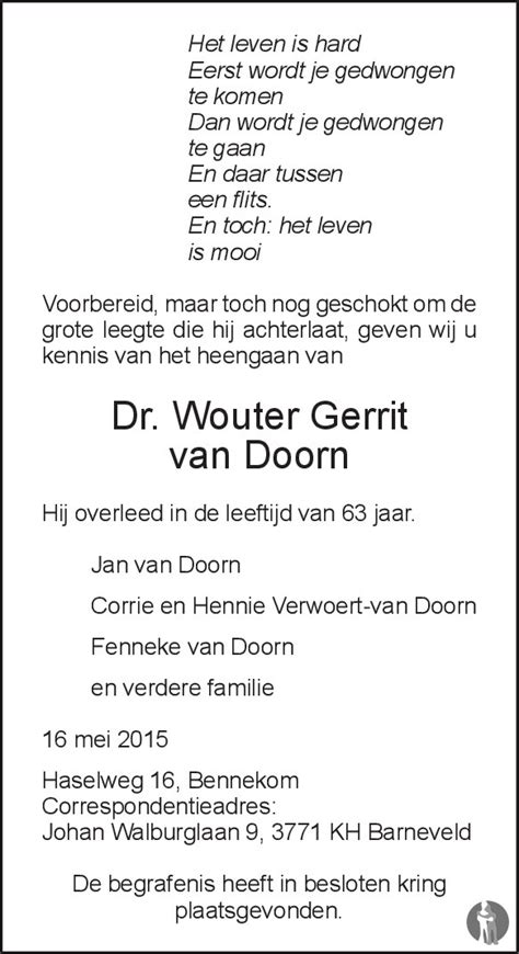 Dr Wouter Gerrit Van Doorn 16 05 2015 Overlijdensbericht En