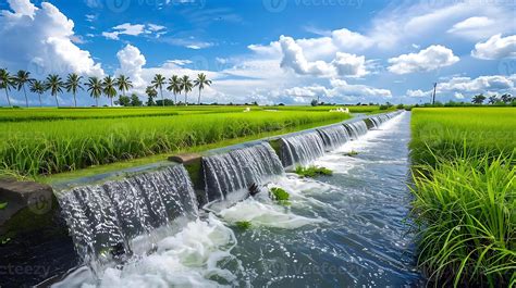 Water Flows In A Rice Paddy Field With A Water Dam And Sky Background