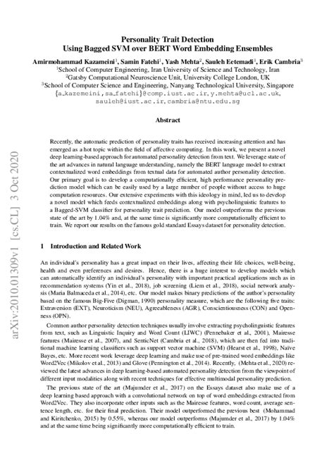 Pdf Personality Trait Detection Using Bagged Svm Over Bert Word