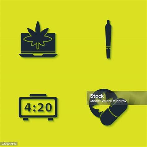 노트북과 마리화나 또는 대마초 초본 엑스터시 정제 디지털 알람 시계 및 마리화나 공동 아이콘을 설정합니다 벡터 Lsd에 대한 스톡 벡터 아트 및 기타 이미지 Istock
