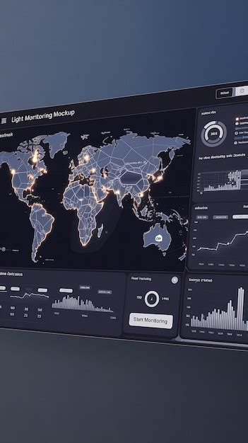 3d render light monitoring software mockup with world map updating in