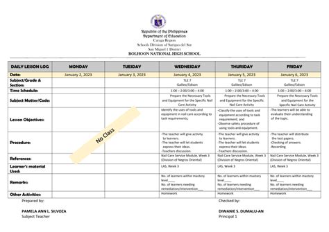 Tle 7 Daily Lesson Log Nail Care Activities