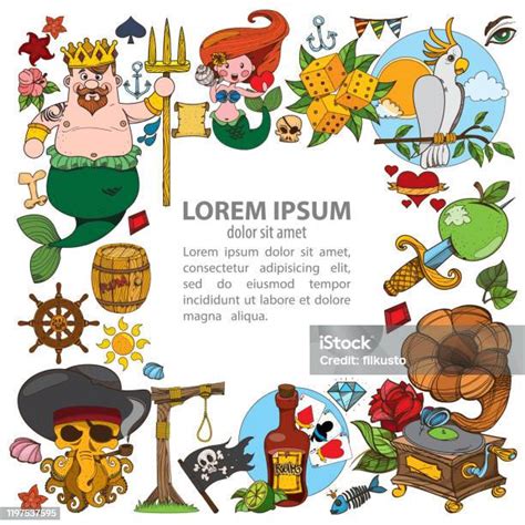 해적 테마의 사각형 프레임입니다 어린이 게임과 상품의 다양한 디자인 만화 스타일의 재미있는 캐릭터 바다에 대한 스톡 벡터 아트 및 기타 이미지 Istock