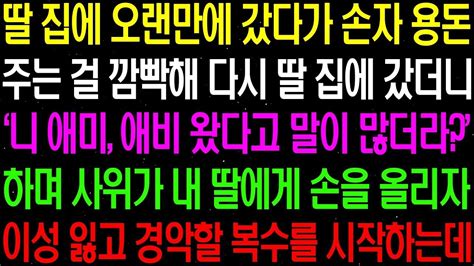 실화사연 딸 집에 오래 만에 갔다가 손자 용돈 주는 걸 깜빡해서 다시 딸 집으로 갔더니 딸이 사위에게 당하고 있는데 라디오사연 썰사연 사이다사연 감동사연 YouTube