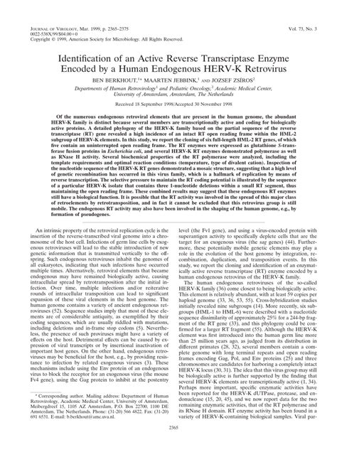 Pdf Identification Of An Active Reverse Transcriptase Enzyme Encoded