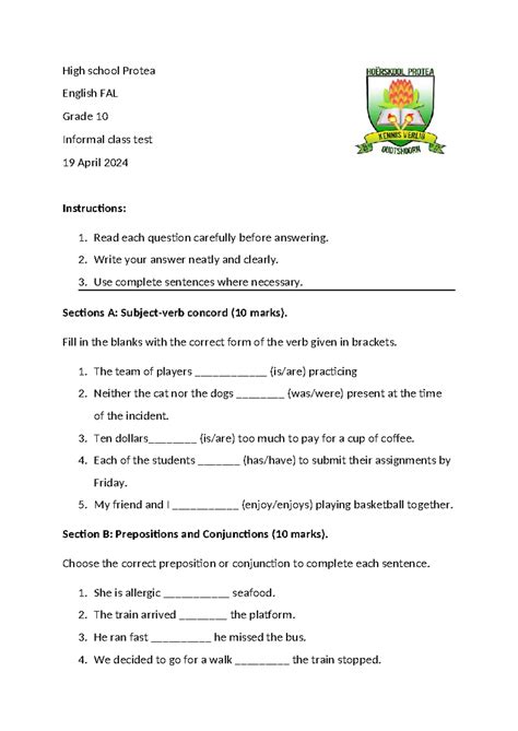 Grade 10 Class Test High School Protea English Fal Grade 10 Informal