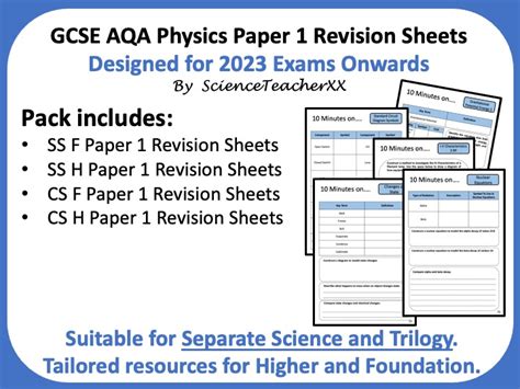 Aqa Gcse Physics Revision Sheets Paper 1 Teaching Resources