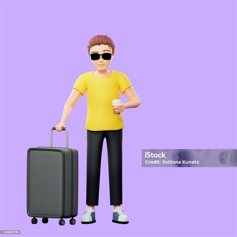 남자의 래스터 그림은 검은 색 여행 가방과 정확히 일치합니다 노란 티셔츠를 입은 젊은 남자는 선글라스 케이스에 가방을 들고 걷고 골판지 컵에서 커피를 마신다 3d 렌더링