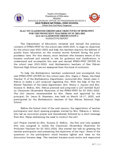 Slac On Classroom Observable Objectives Of Rpms Ppst Pdf Teachers