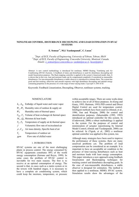 Pdf Nonlinear Control Disturbance Decoupling And Load Estimation In Hvac Systems