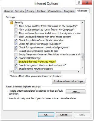 Enable Enhanced Protected Mode In Internet Explorer