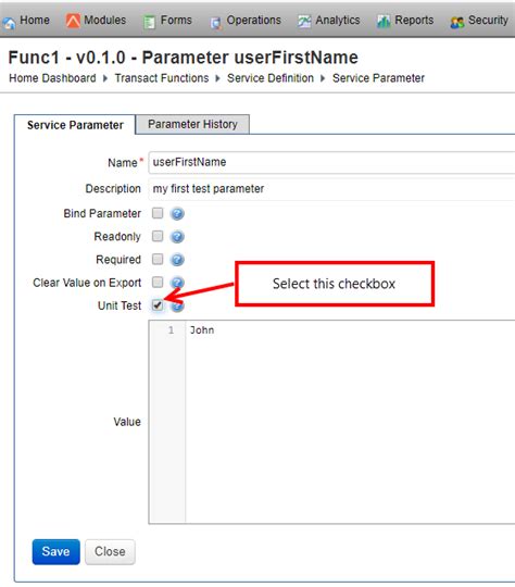 Configure Transact Function Unit Test Parameters