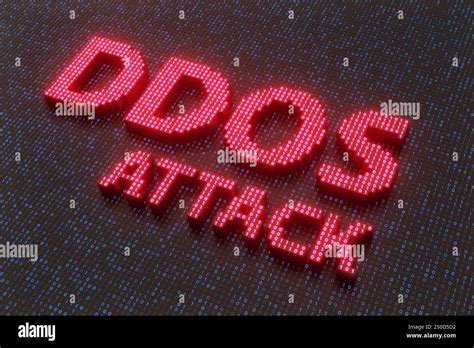 Red Glowing Letters Ddos Attack Protruding From A Grid Of Black Square Blocks Of Binary Code