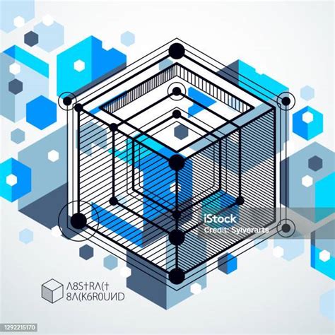 엔지니어링 기술 벡터 블루 벽지는 3d 큐브와 라인으로 만든 벌집으로 만든 엔지니어링 기술 벽지 추상적 기술적 배경을 참조하십시오 3차원 형태에 대한 스톡 벡터 아트 및
