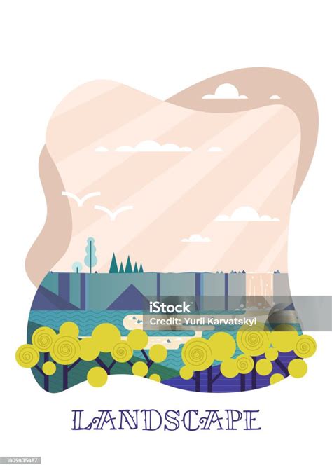 추상적 인 풍경 다각형 산 풍경 그림이있는 배너 미니멀 스타일 프레임 심플한 평면 디자인 하이킹 자연을 발견하고 탐구하고 관찰하는 여행 개념 벡터 0명에 대한 스톡 벡터