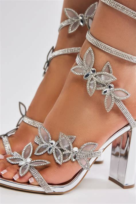 Never Blend In Butterfly Wrap Up Heeled Sandals Silver Fashion Nova