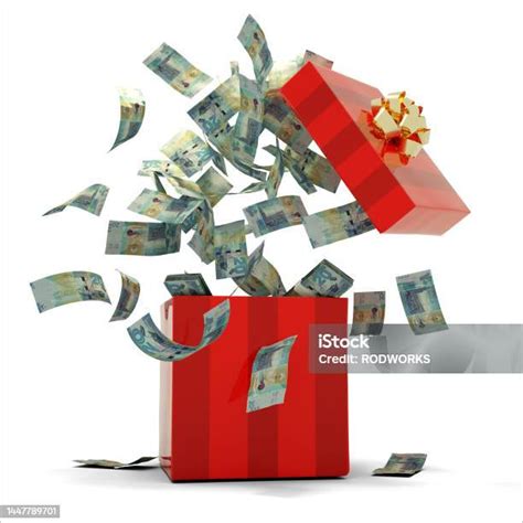 열린 빨간 선물 상자에서 나오는 많은 20개의 쿠웨이트 디나르 지폐의 3d 렌더링 상자 밖으로 날아가는 돈 12월에 대한 스톡 사진 및 기타 이미지 Istock