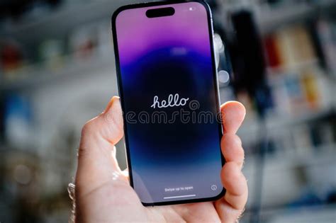 Hand Holding Latest Iphone Pro With Hello Screen Editorial Photography Image Of Device