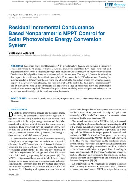 Pdf Residual Incremental Conductance Based Nonparametric Mppt Control For Solar Photovoltaic